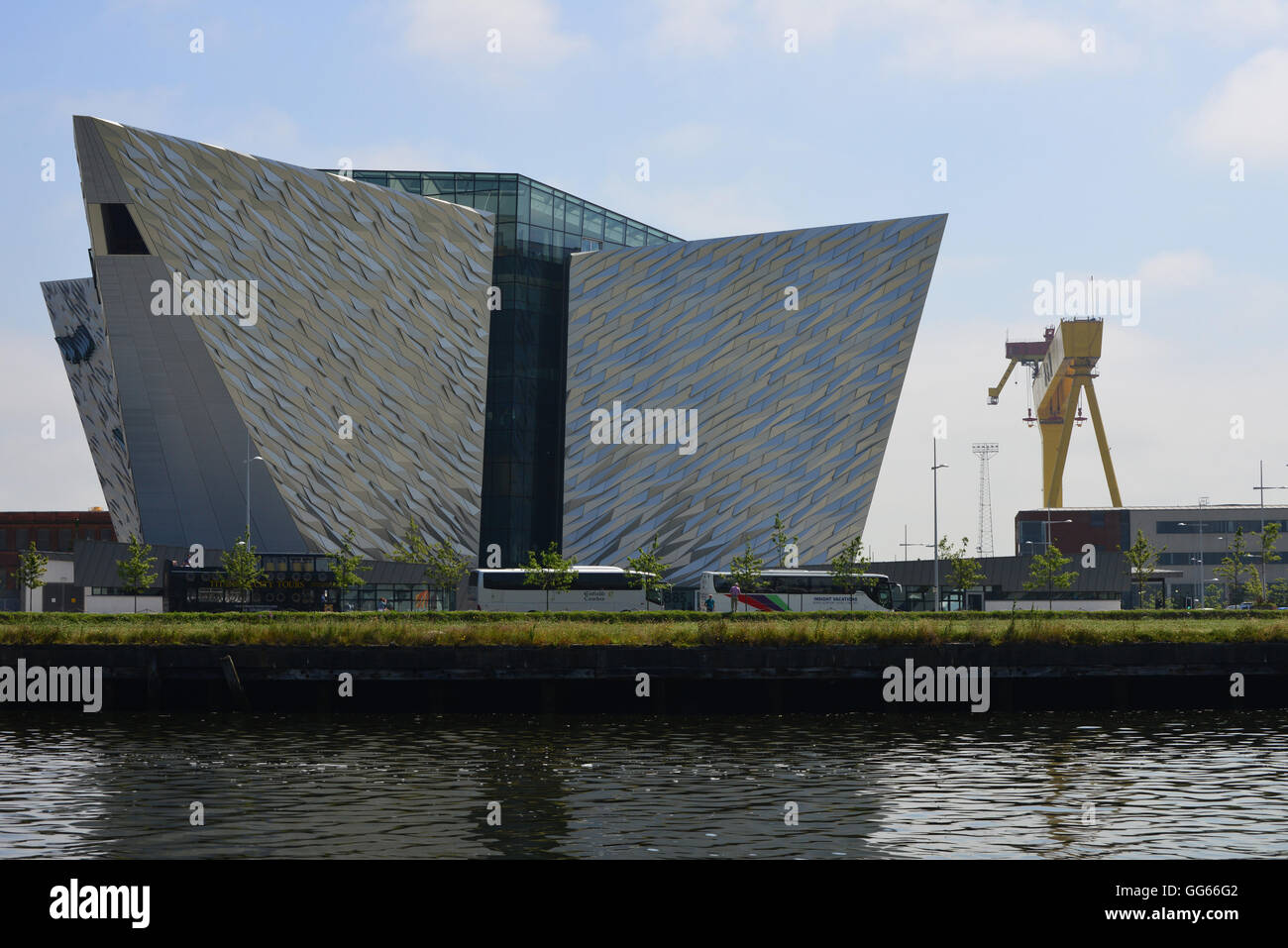View of the Titanic building with the Harland and Wolff cranes, Belfast ...