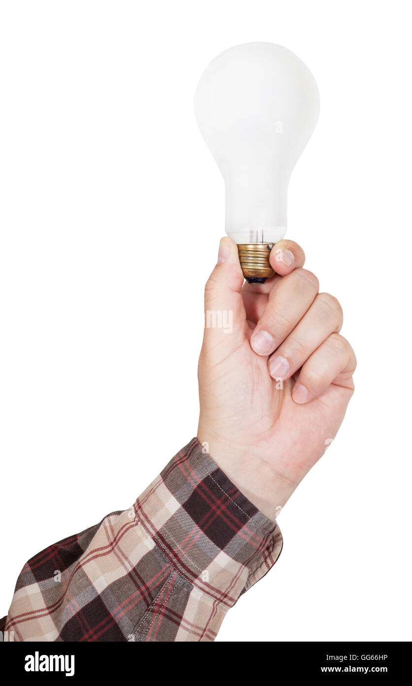 male hand holds incandescent lamp isolated on white background Stock ...