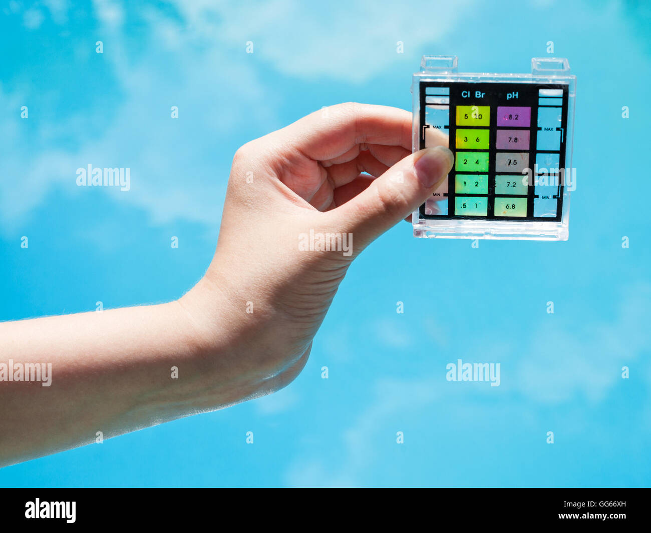 check water pollution in blue outdoor pool by chemical tester Stock ...