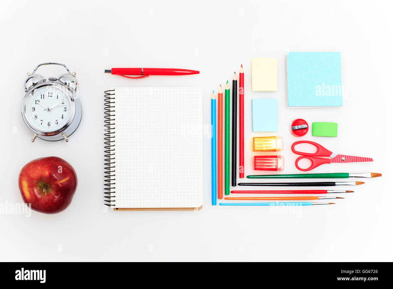 School set with back to school inscription, notebooks, pencils, brush ...