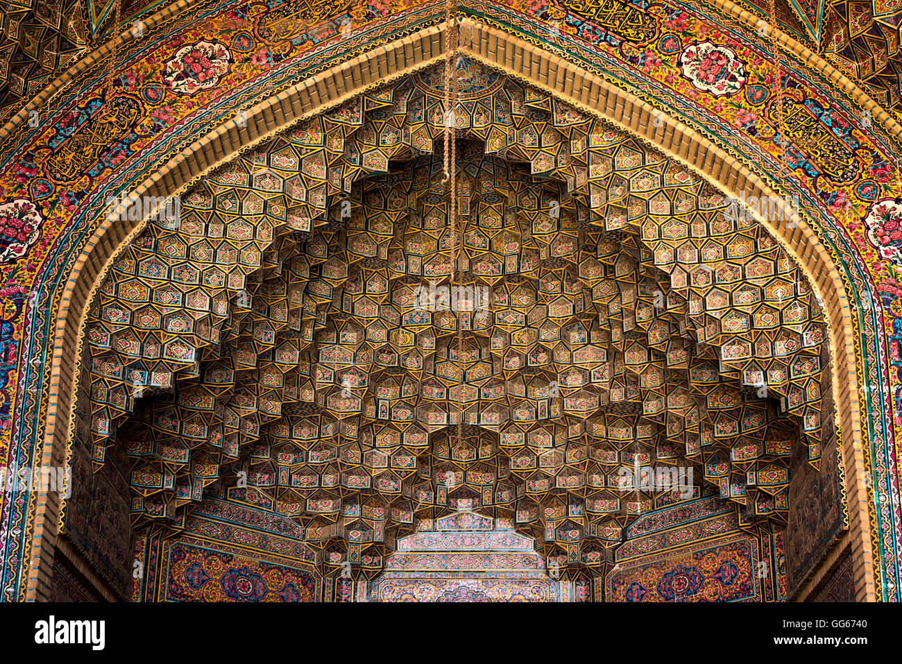 Details of Nasir al-Mulk Mosque or pink Mosque in Shiraz, Iran Stock ...
