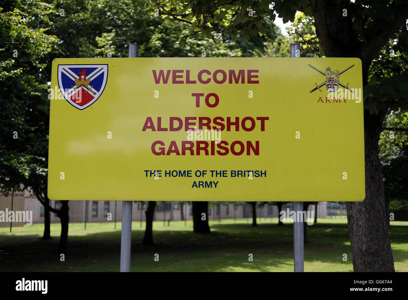 A general view of a sign outside Aldershot Barracks, Hampshire Stock ...