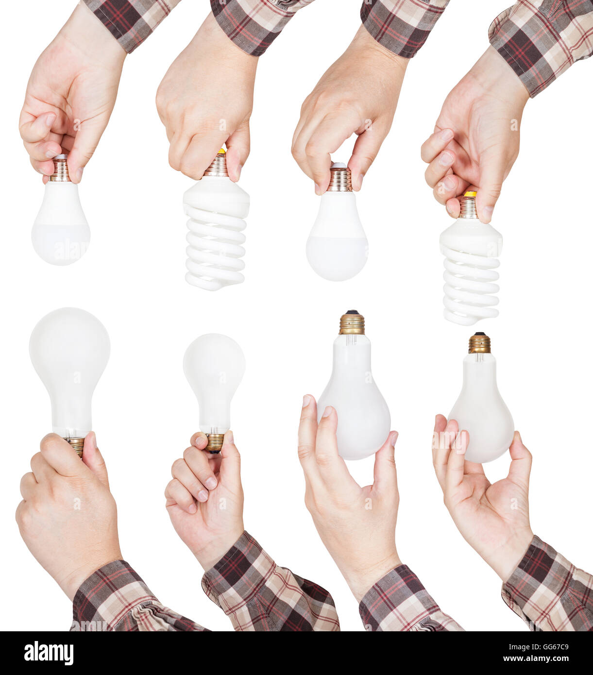 set of hands hold various lamps isolated on white background Stock ...
