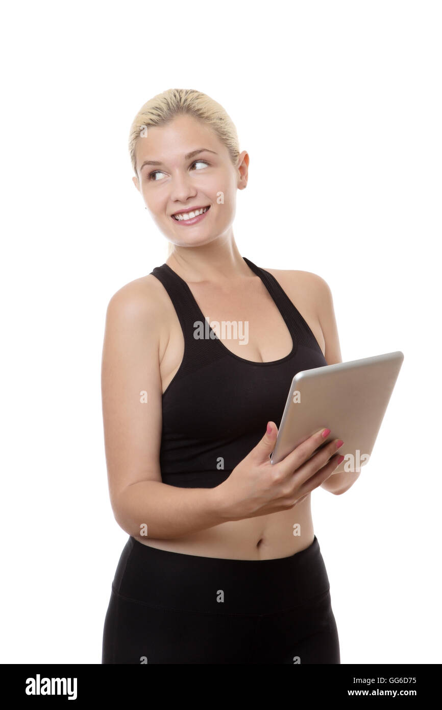 happy fitness woman using a tablet Stock Photo - Alamy
