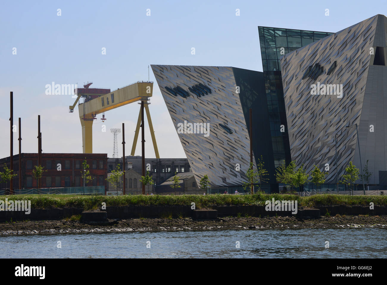 View of the Titanic building with the Harland and Wolff cranes, Belfast ...