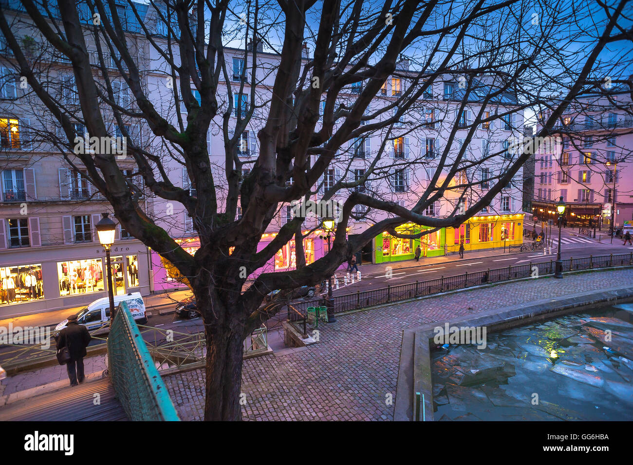 Paris winter night, view on a winter evening of the Quai de Valmy ...