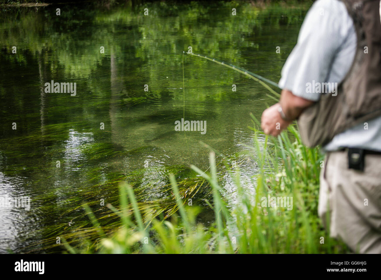 Fly fishermans rod and line, River Test, Leckford Estate, Hampshire ...