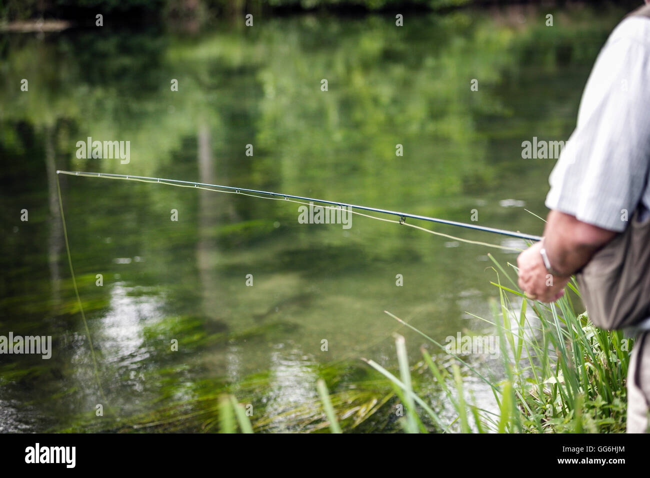 Fly fishermans rod and line, River Test, Leckford Estate, Hampshire ...