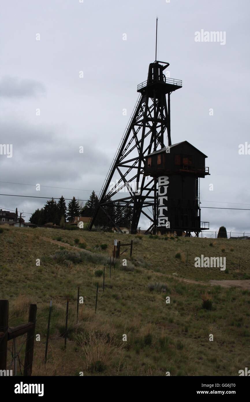 Wooden headframe for copper mine outside Butte, Montana, USA Stock ...