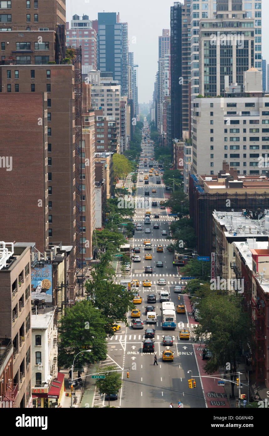Aerial view of 1st Avenue, with road traffic and skyscraper buildings ...
