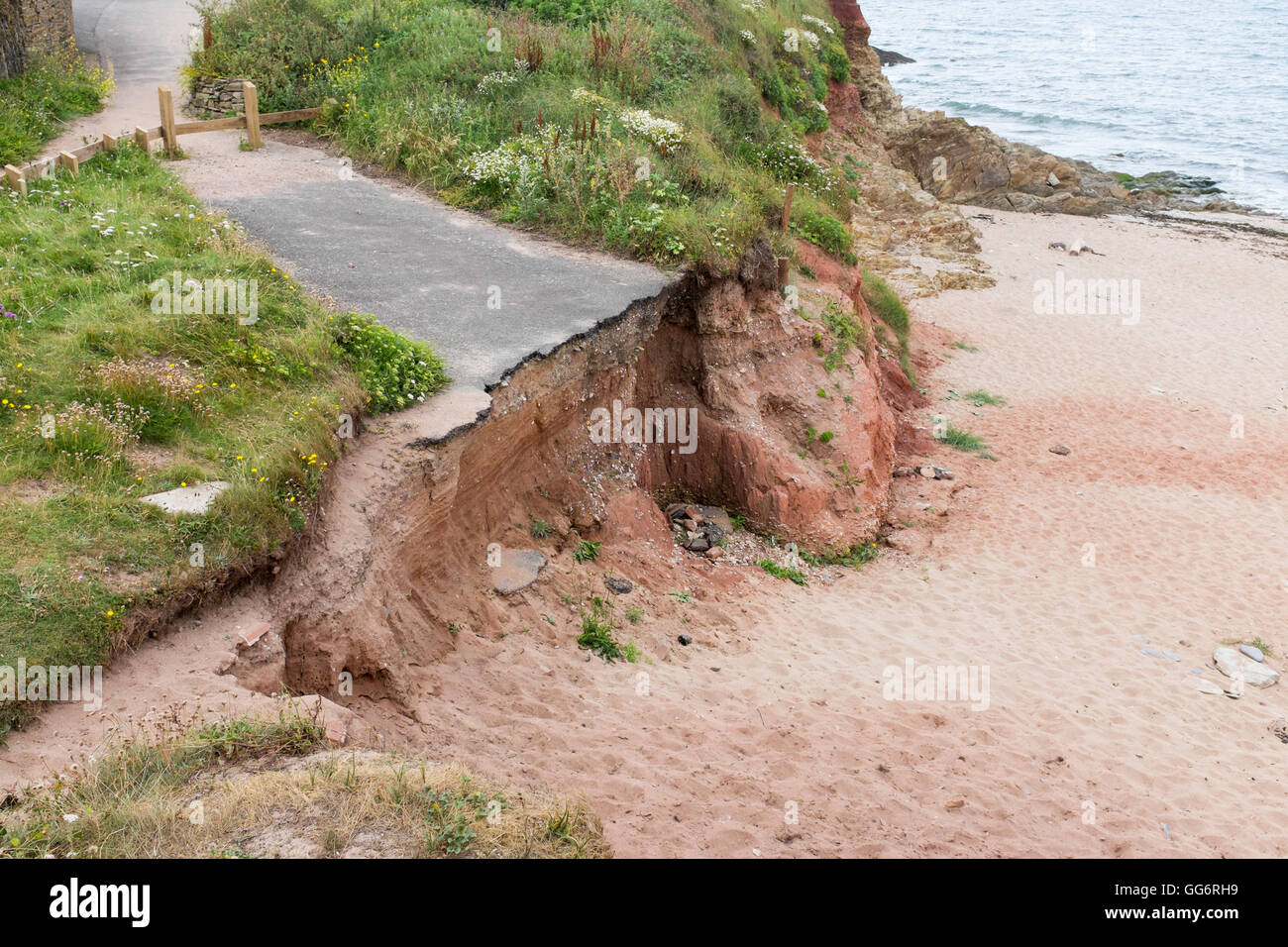 Collapsed road caused by coastal erosion on the South Devon coastline ...