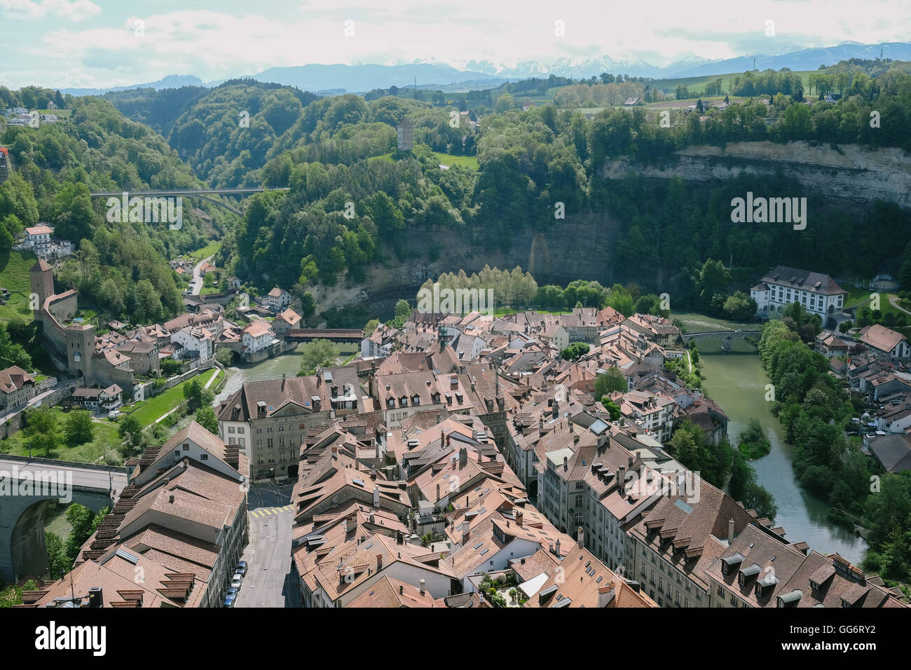 Rooftop view of the old town of Fribourg and the surrounding valley of ...