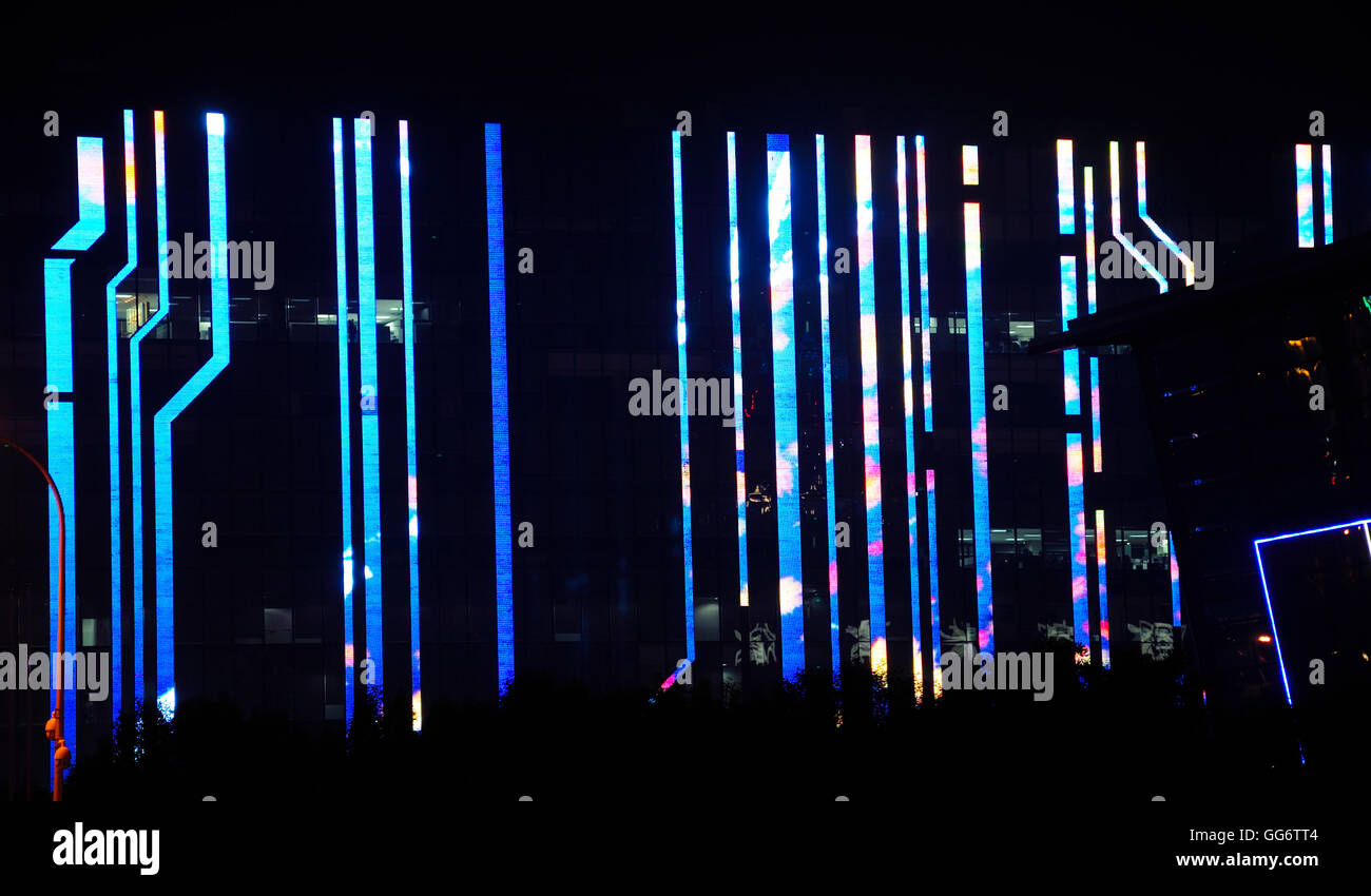 Abstract lighting on a building exterior at night in Beijing China ...