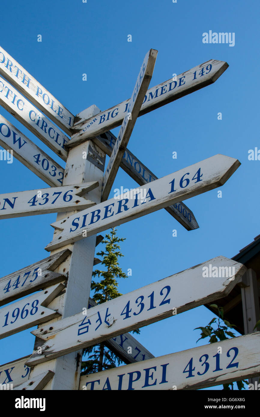 Alaska, Nome. Directional sign to other locations from Nome Stock Photo ...