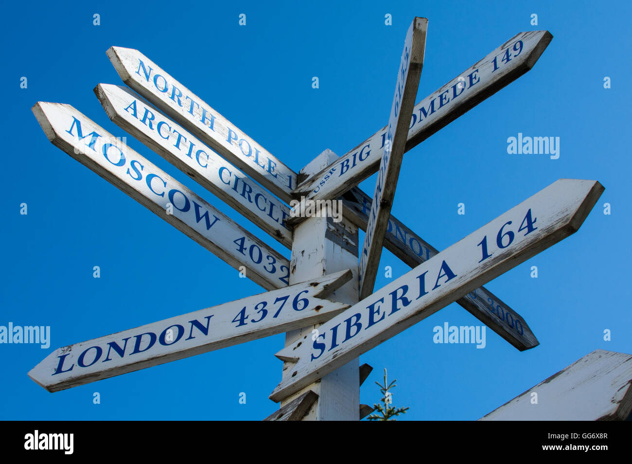 Alaska, Nome. Directional sign to other locations, like London ...