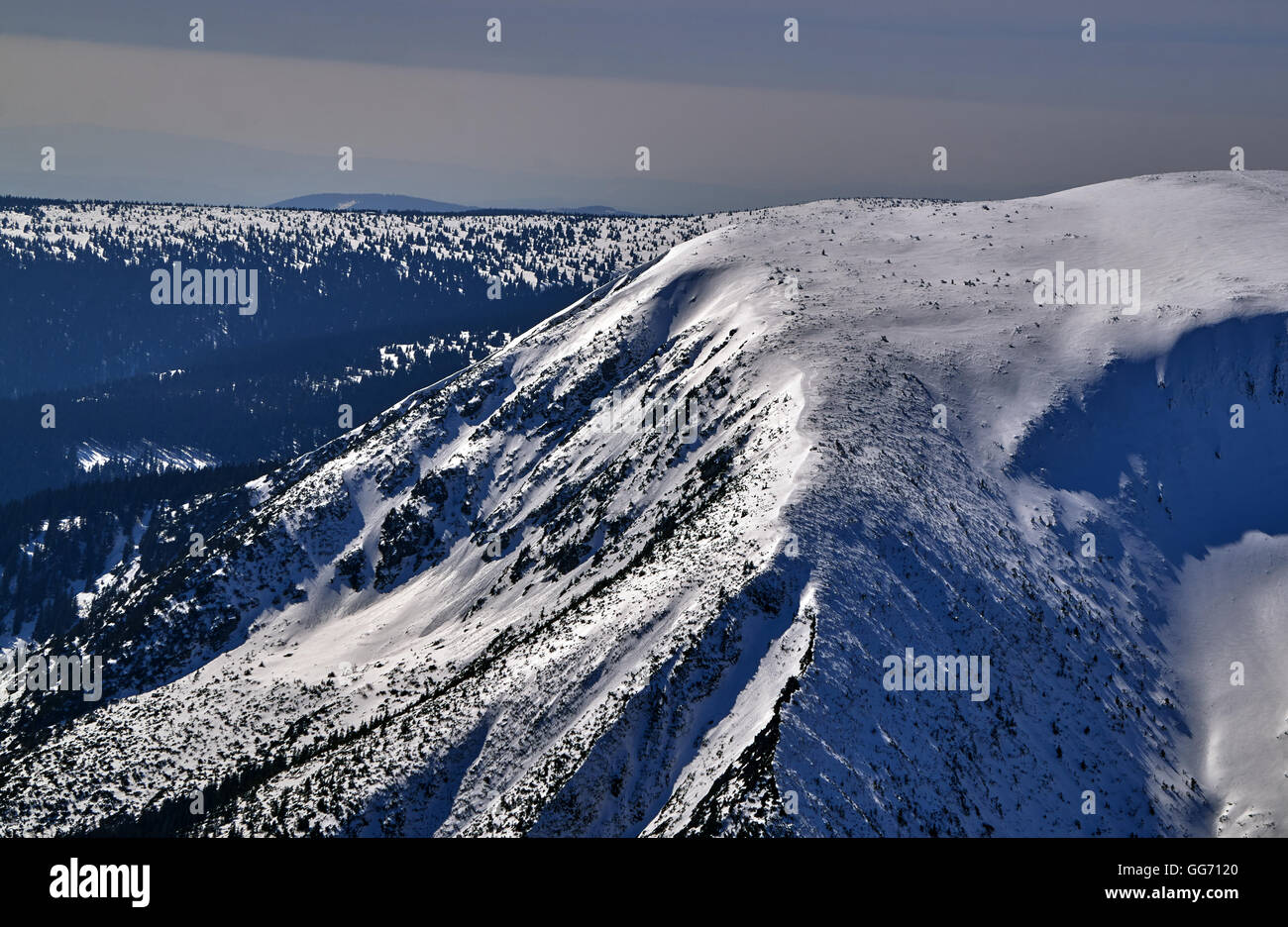 Overwhelmed snow rocky ridge in the Giant Mountains in Poland Stock ...
