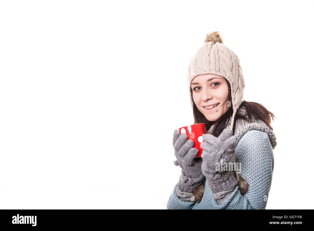 Business woman drink coffee, hold white coffee cup. Business dress code ...