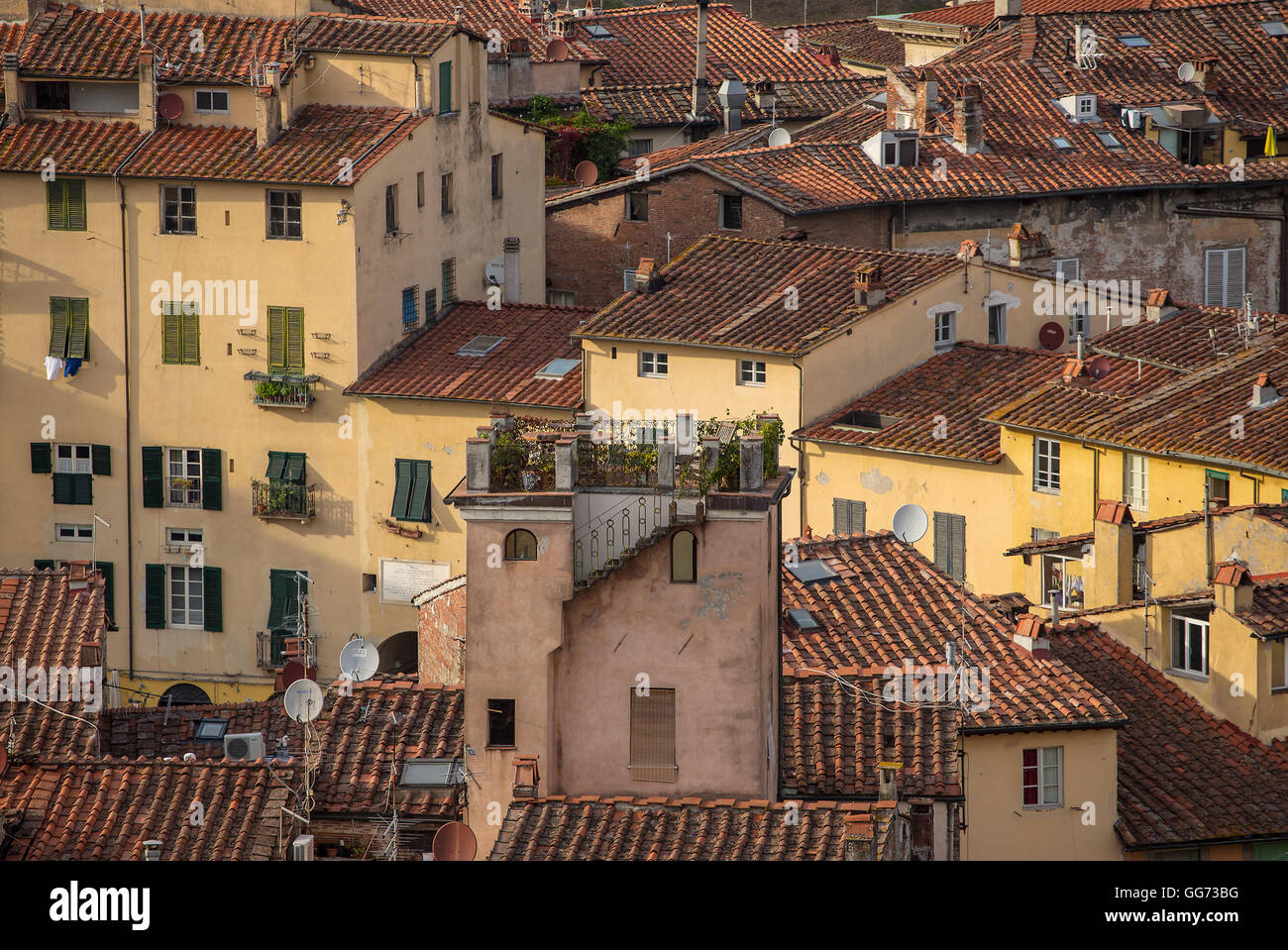 Detail view of traditional Italian town roofs and houses, Lucca, Italy ...