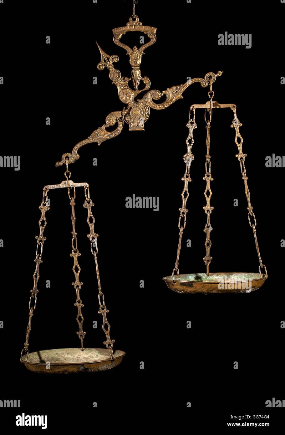 Antique weighing scale on black background. Justice, making decisions ...