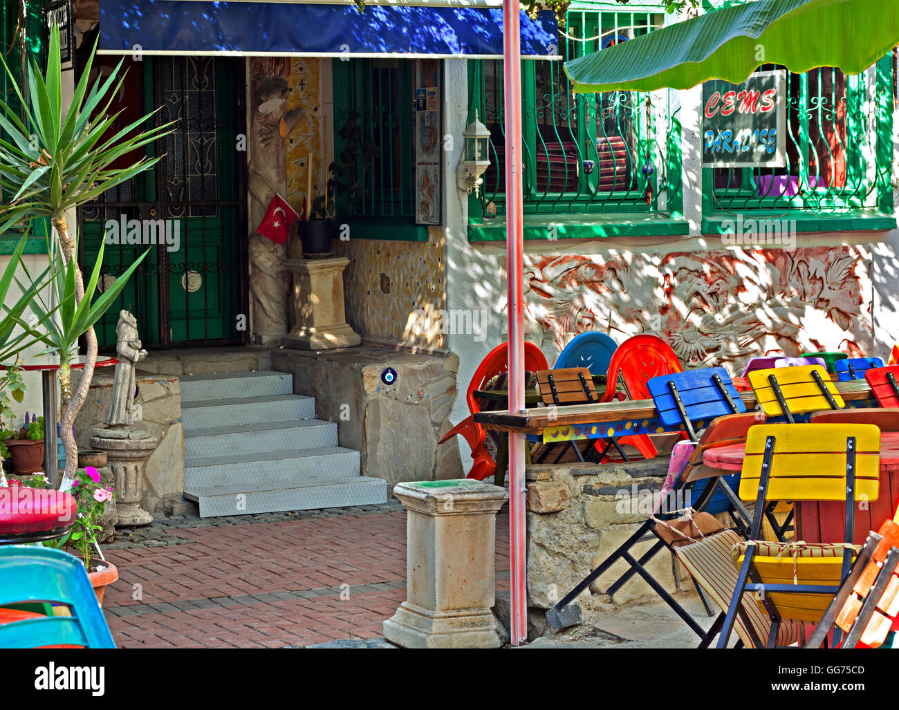 A colourful scene of a bar/cafe in the narrow side streets of Kusadasi ...