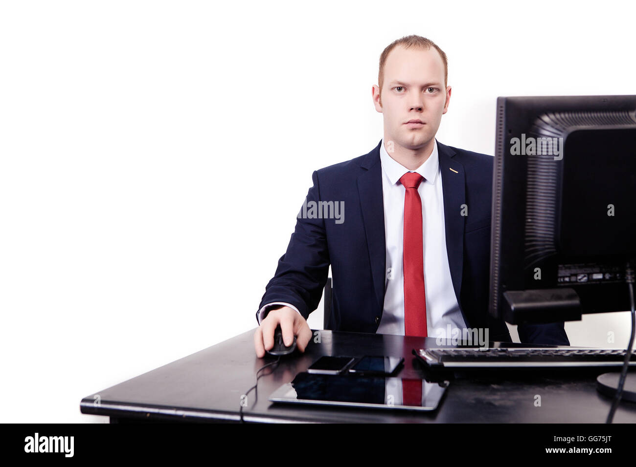 Double exposure of business man hand working on blank screen laptop ...