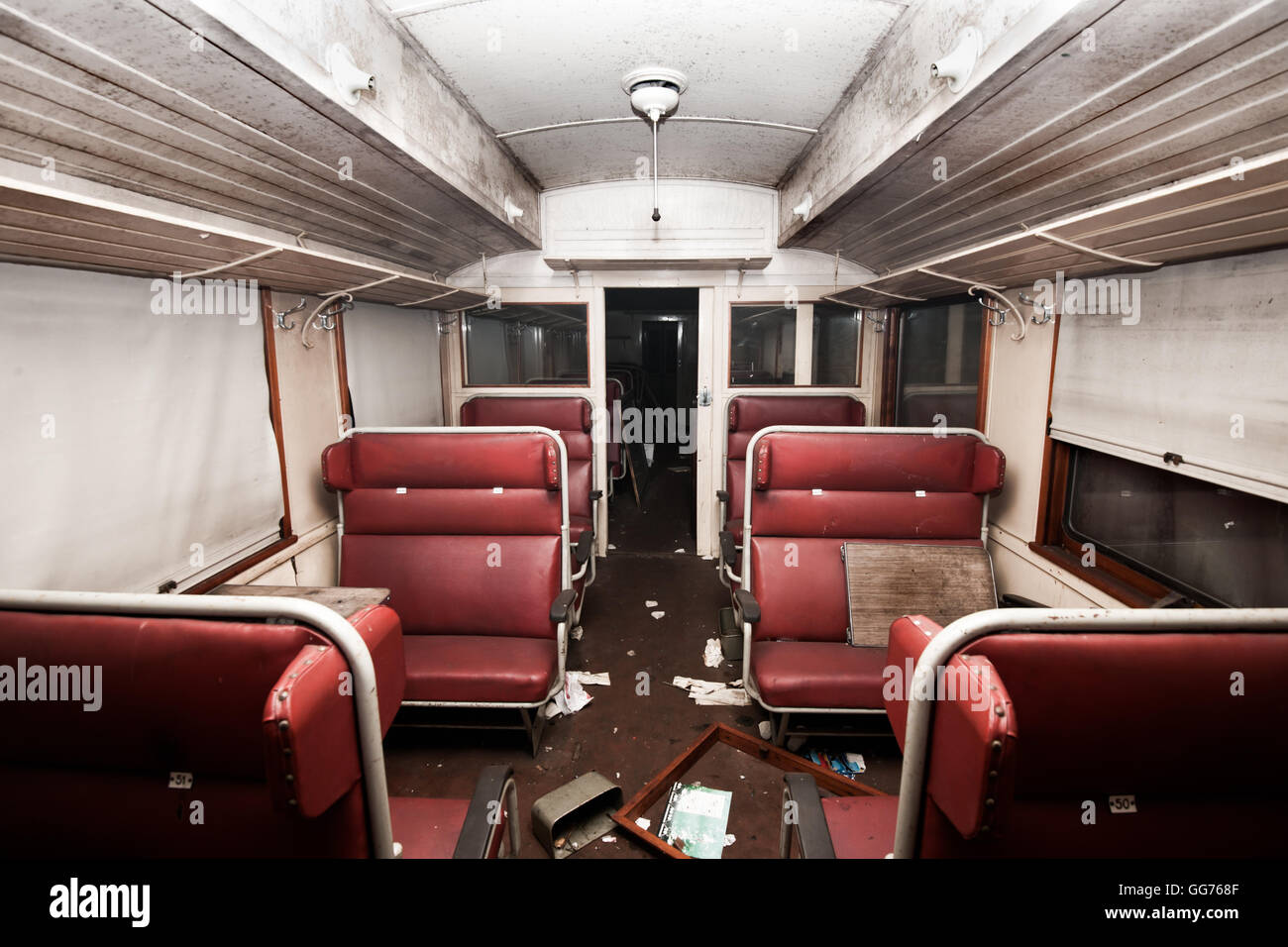 Inside old worn out and trashed railway carriage Stock Photo - Alamy