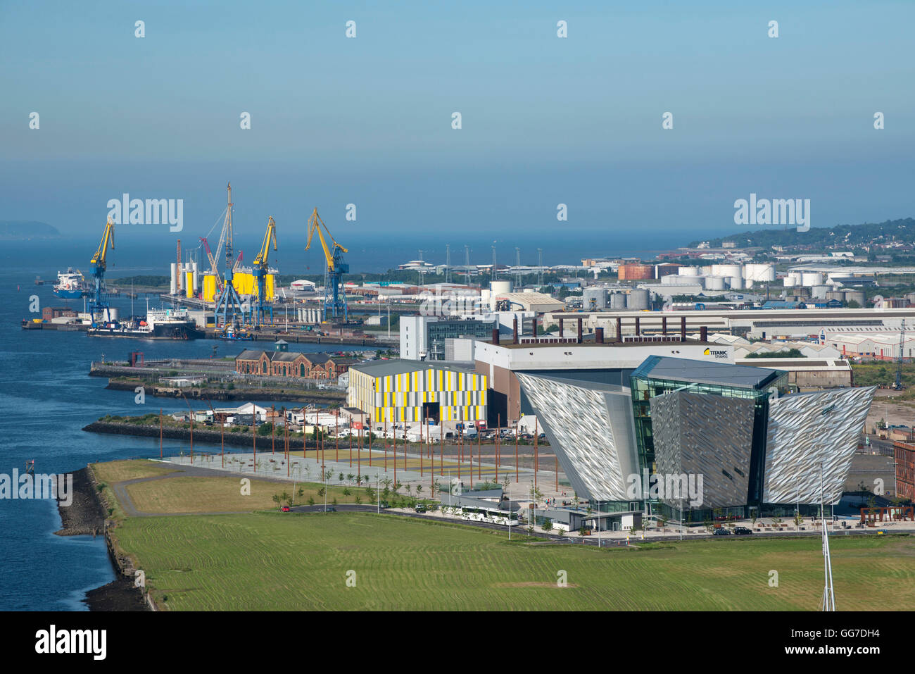 View of the Titanic building with the Harland and Wolff cranes, Belfast ...