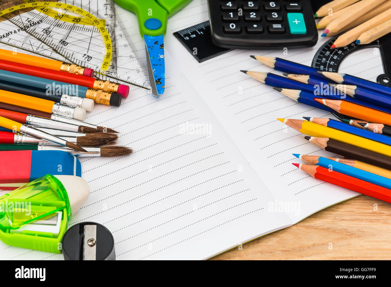 a lot of school supplies for boarding primary school Stock Photo - Alamy