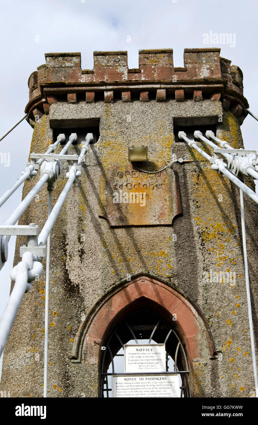 One of the towers of the suspension footbridge over the River Tweed at ...