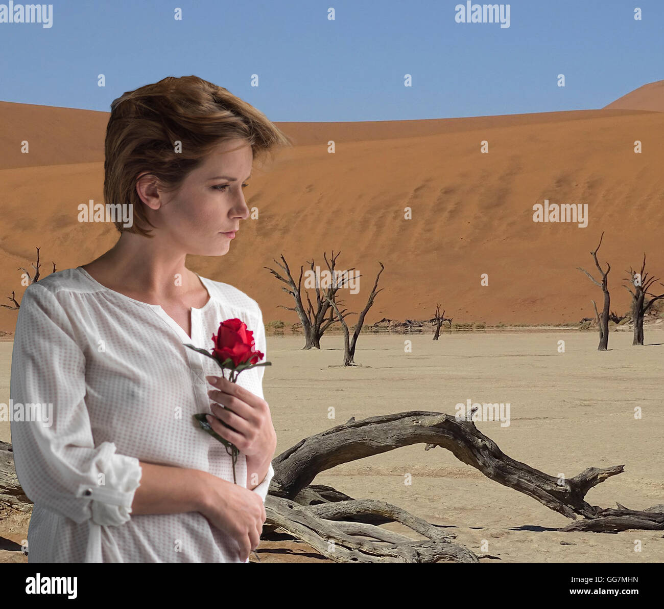 Brunette model with rose stairs into the desolation at Sossusvlei in ...