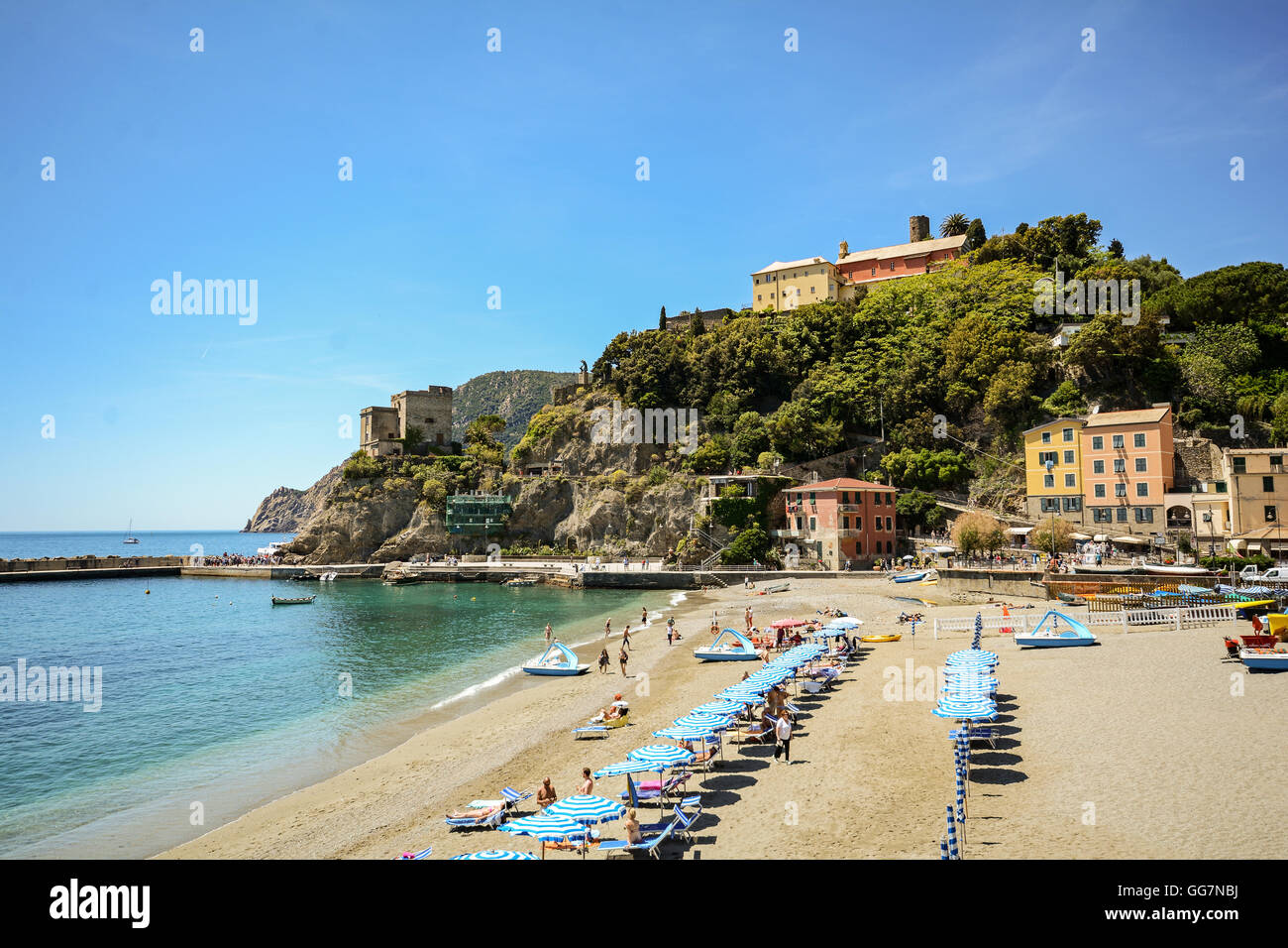 Cinque Terre: View to the beach of Monterosso al Mare in early summer ...
