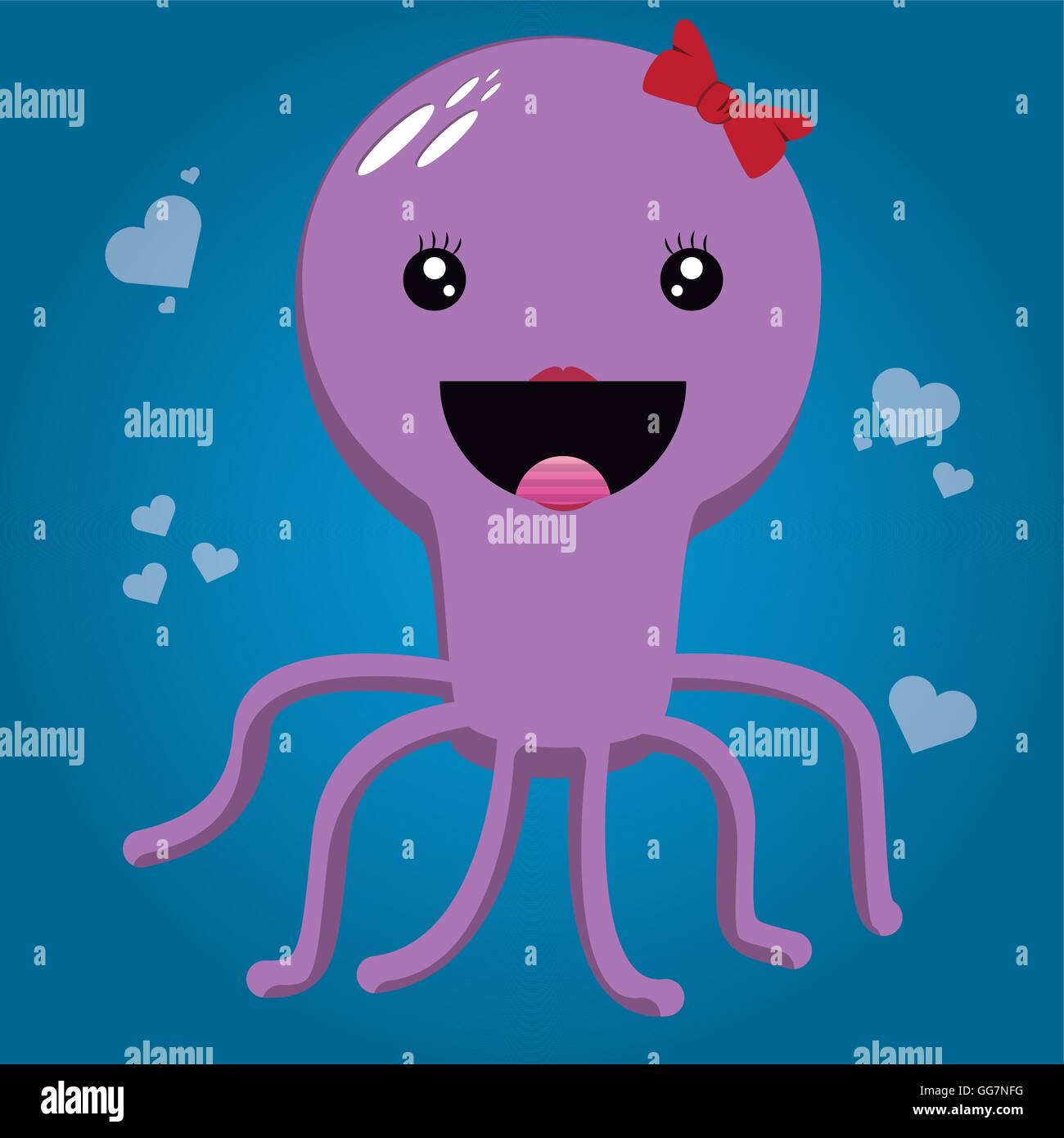 a happy pink octopus on a blue background with hearts Stock Vector ...