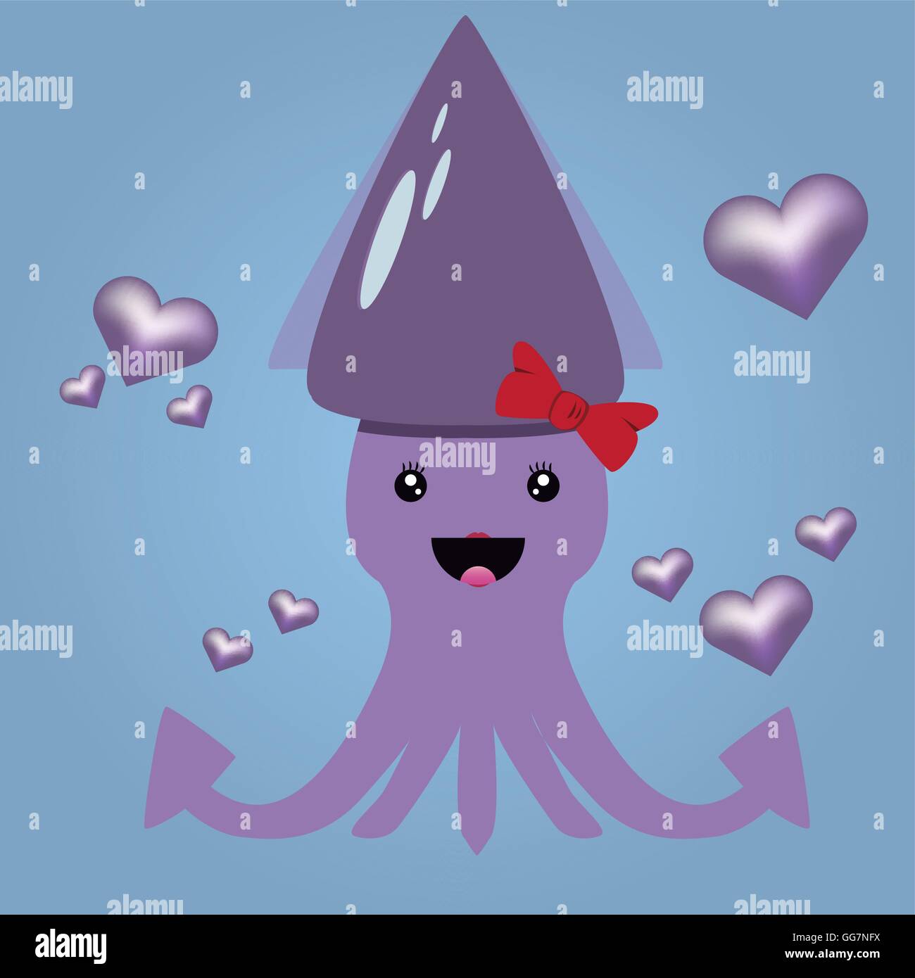 a happy pink squid on a blue background with hearts Stock Vector Image ...
