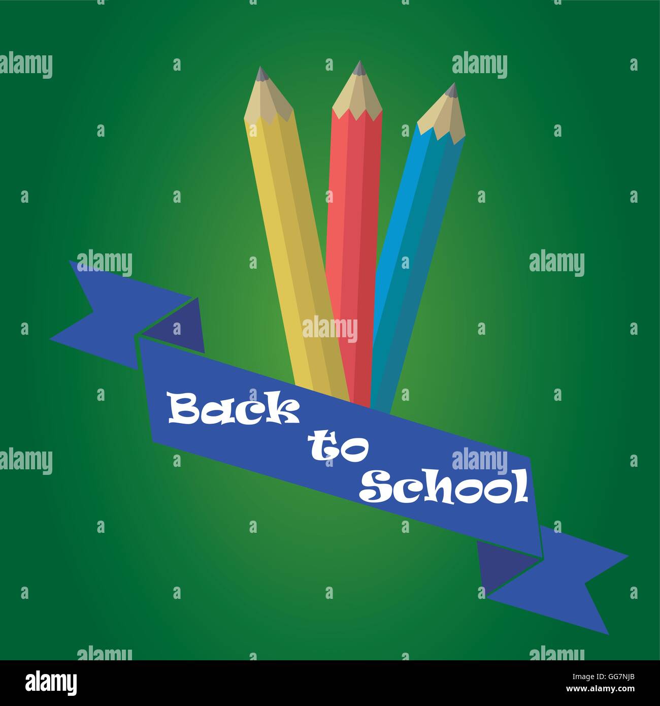 three colored pencils and a ribbon with text on a green background ...