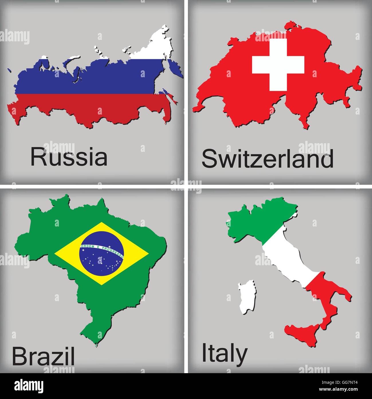 maps of russia, switzerland, brazil and italy on grey backgrounds Stock ...