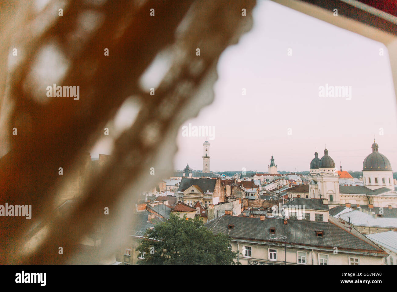 Beautiful top view with roofs of old european town. Lviv Ukraine Stock ...