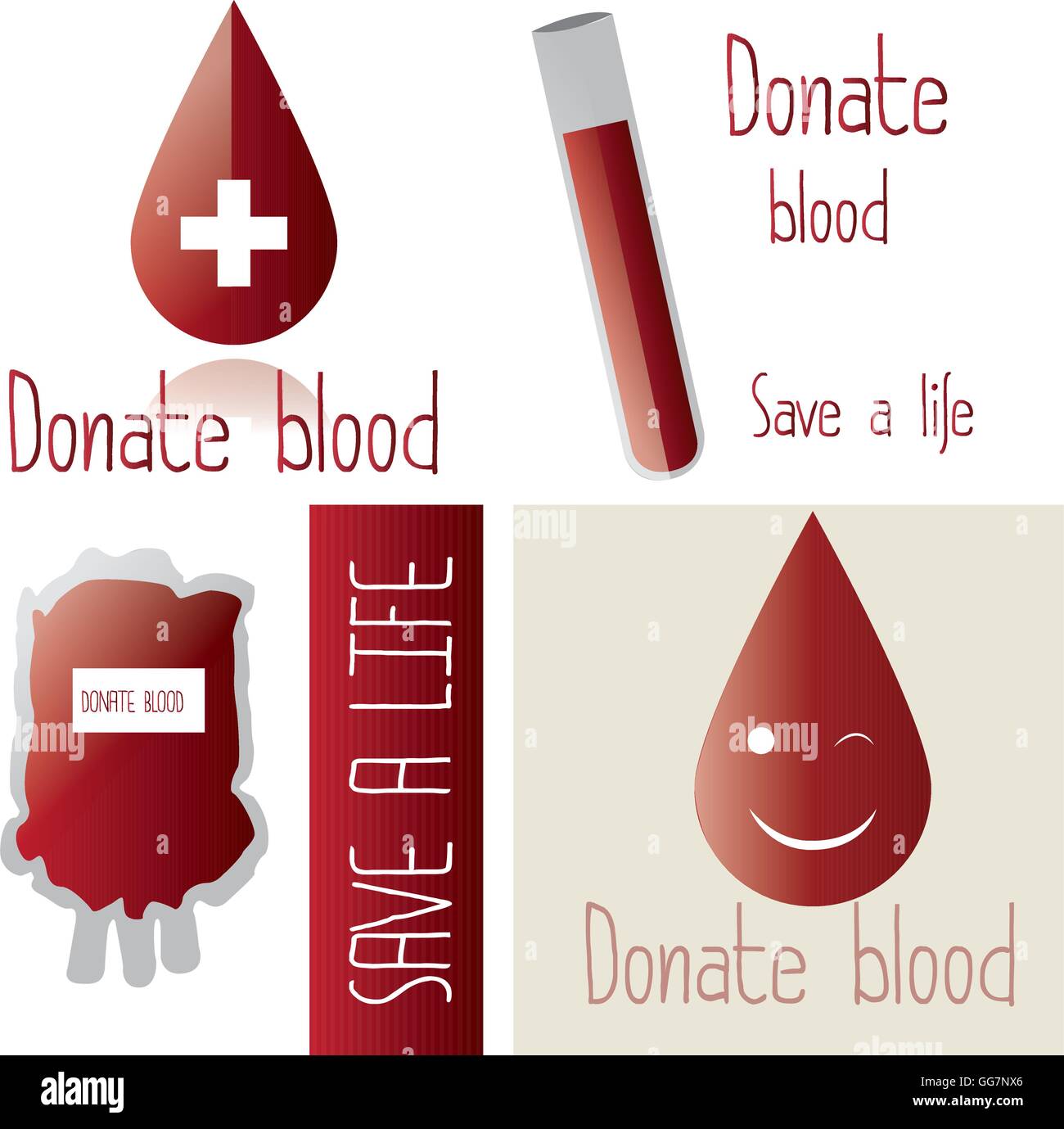 a set of different images with drops of blood, text and bags of blood ...