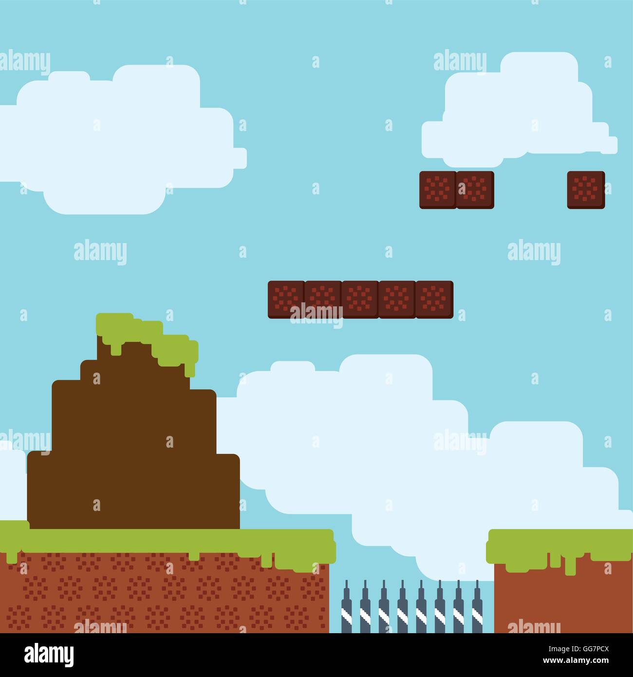 landscape cloud mountain pixel video game play icon. Vector grap Stock ...
