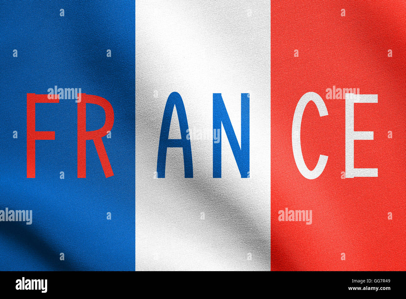 Flag of France waving in the wind with detailed fabric texture. French national flag. Word ...