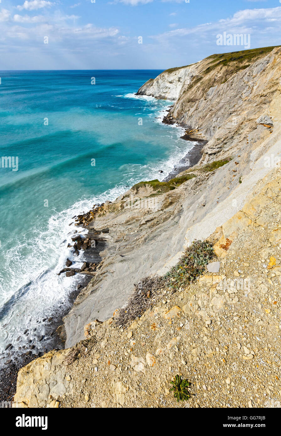 Summer evening ocean coastline view near beach in Barrika town, Biscay ...