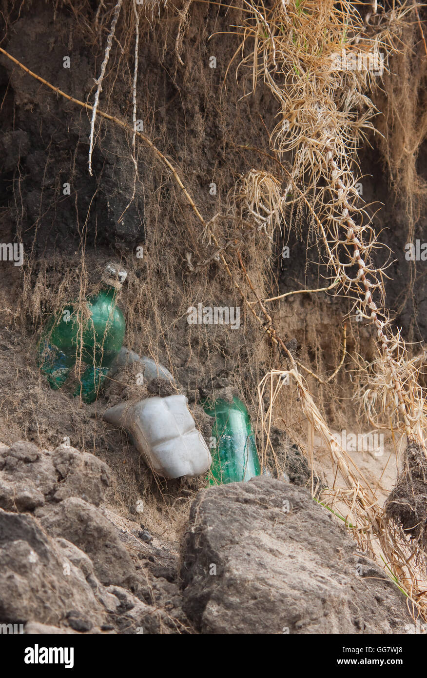 bottles and other plastic littered on a beach in Gisborne, New Zealand ...