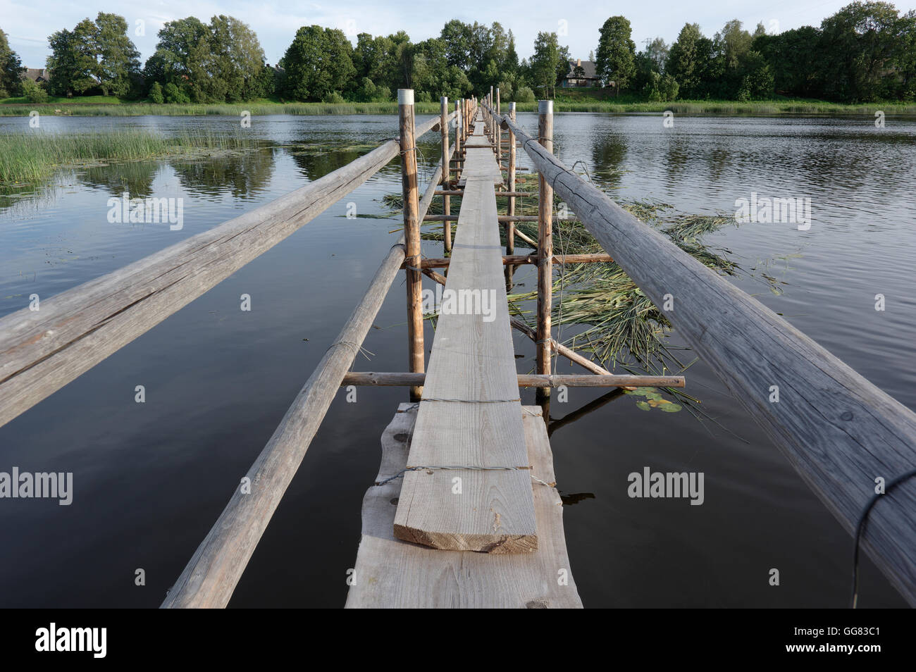 Lamprey weirs. Special design footbridge for unique fishing technique ...