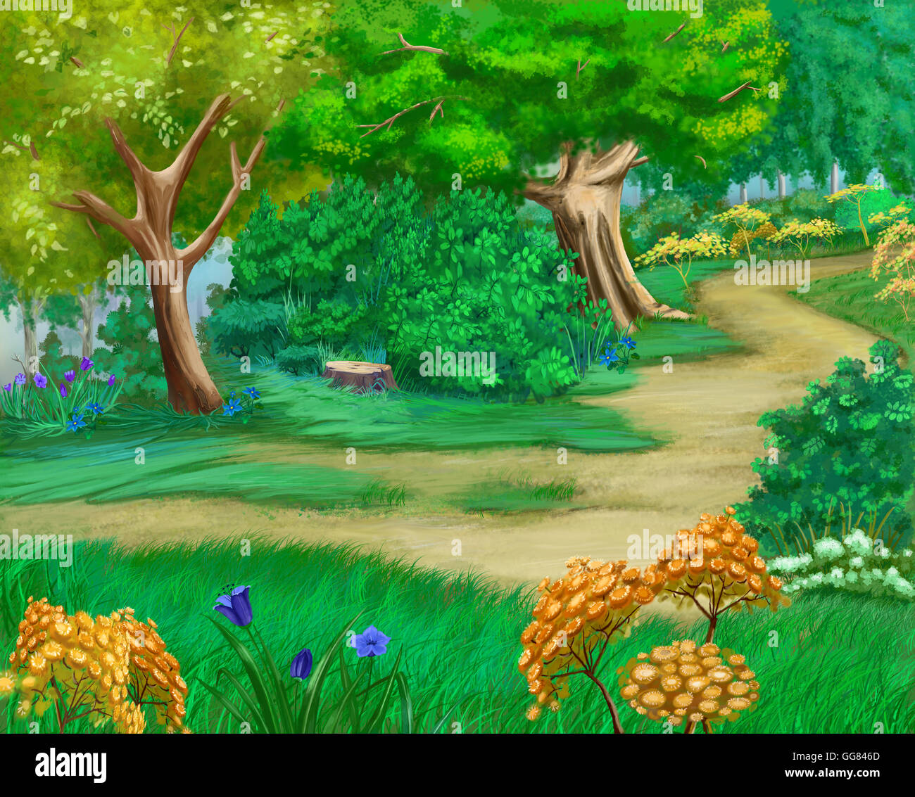 Rural landscape with bushes and grass around a path Stock Photo - Alamy