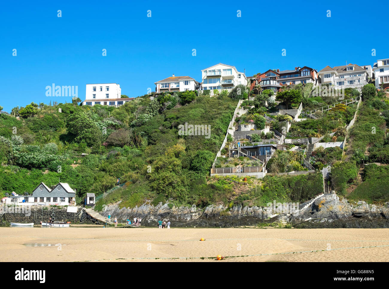 Homes overlooking Crantock beach in Cornwall, England, UK Stock Photo ...