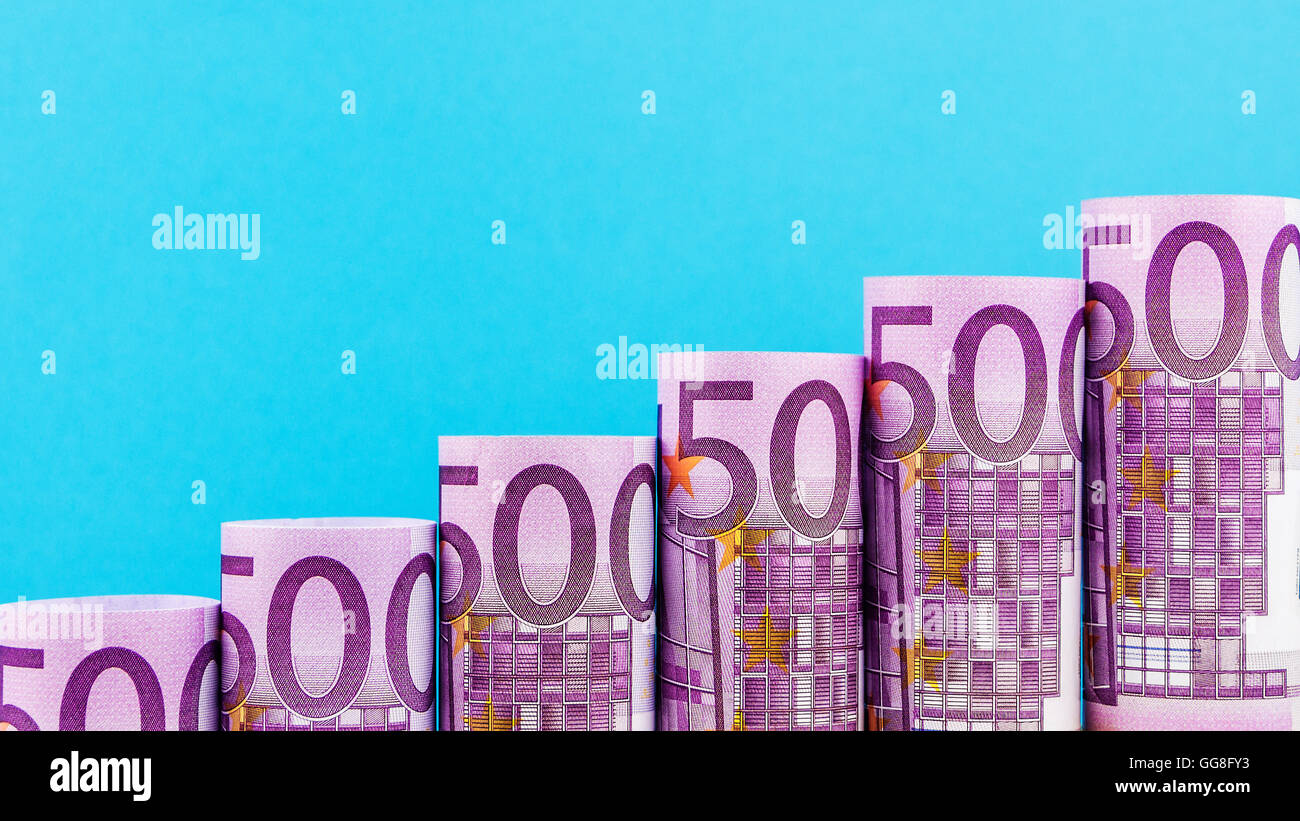 rising steps made of 500 euro banknotes on blue background Stock Photo ...