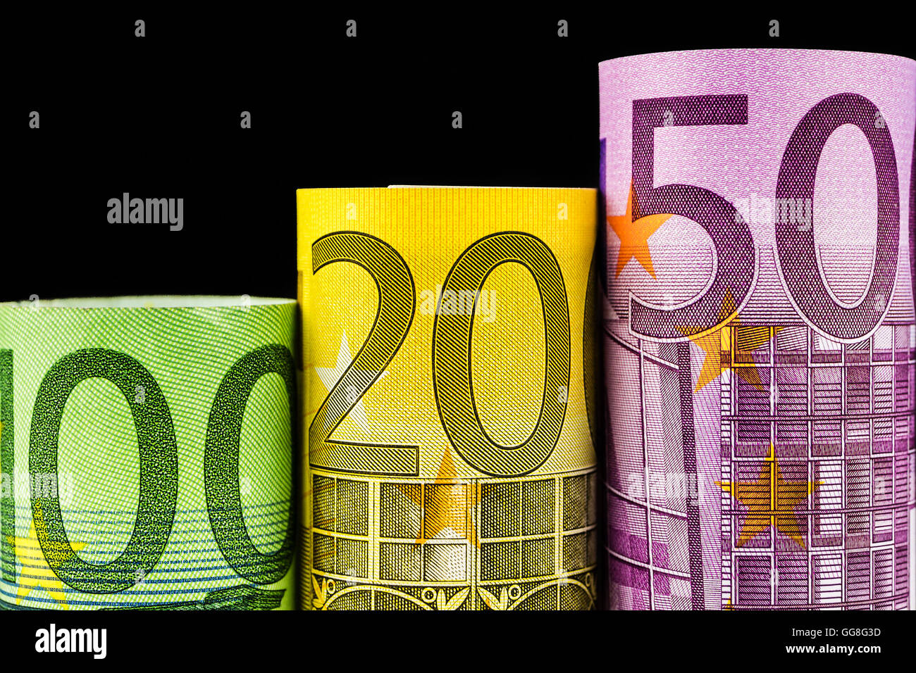 rising steps made of big euro banknotes on black background Stock Photo ...
