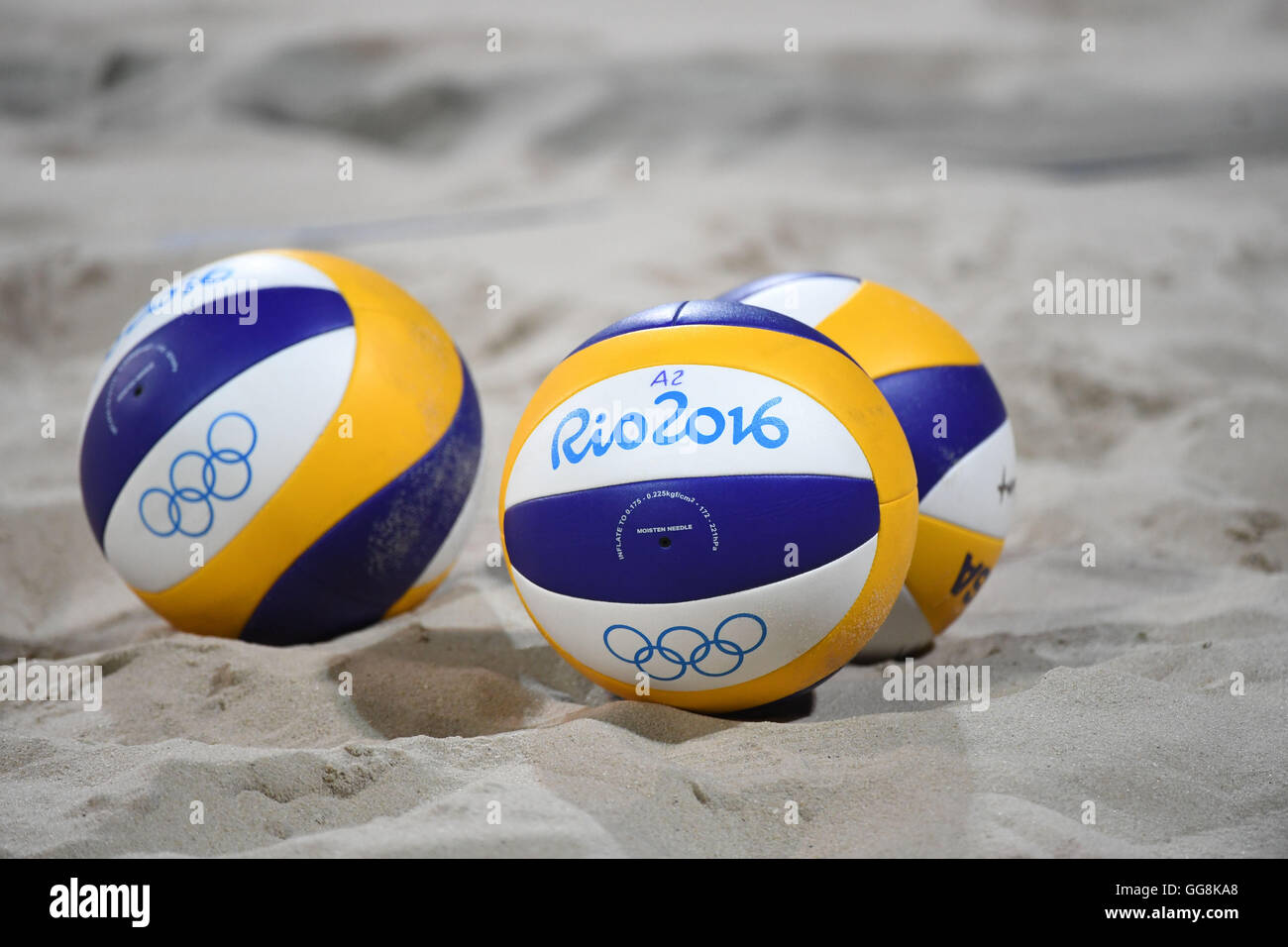 Rio de Janeiro, Brazil. 3rd Aug, 2016. Official match balls in the sand ...