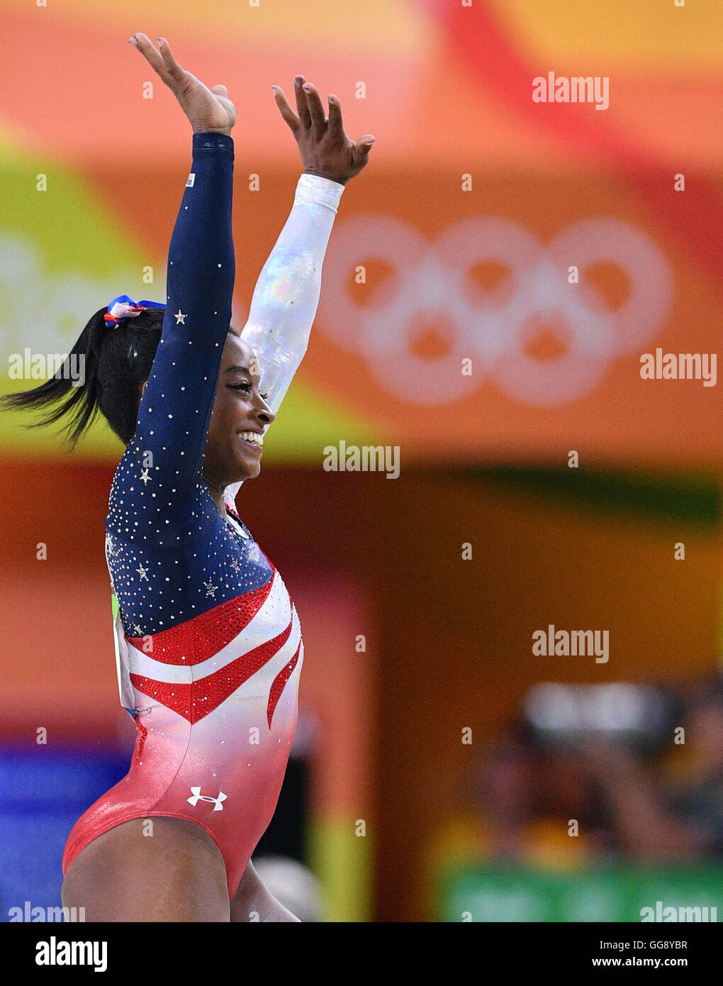 Simone Biles of the USA celebrates after competing on the Floor during ...