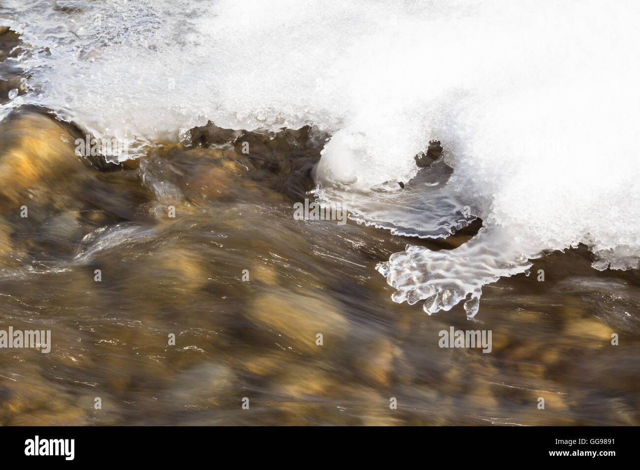 Melting snow and ice along stream with flowing water over stone bed ...