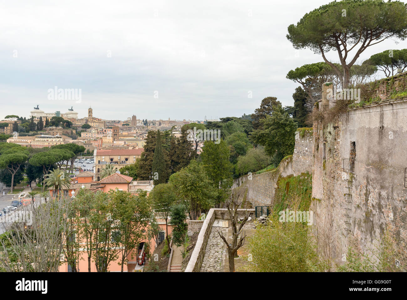 Landscape of Rome (Italy) from the Oranges Garden. The garden of the ...